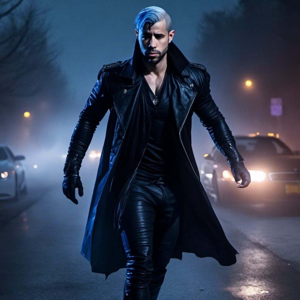 Ryan as a vampire with a flowing cape and low-cut leather outfit. It is ...