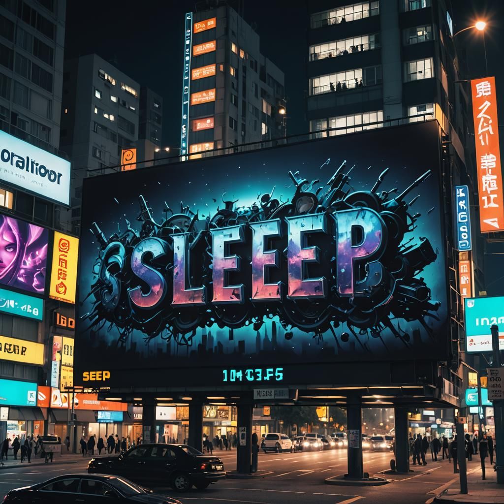 The word "Sleep" emblazoned on a billboard above a city street. Night ...
