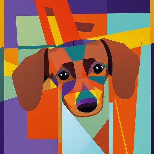 dachshund, cubist painting, Neo-Cubism, layered overlapping geometry ...