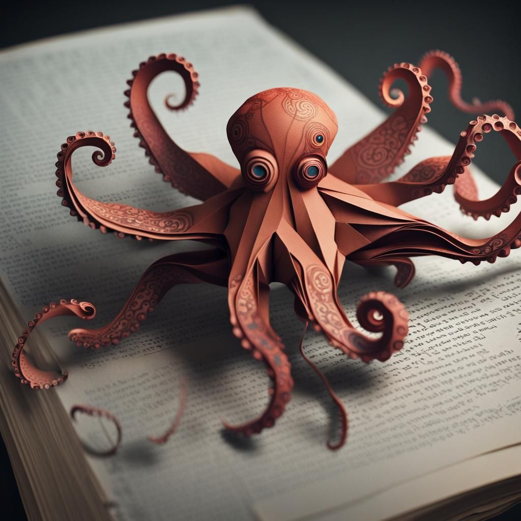 a small octopus made of the paper from a book, still attached, origami ...
