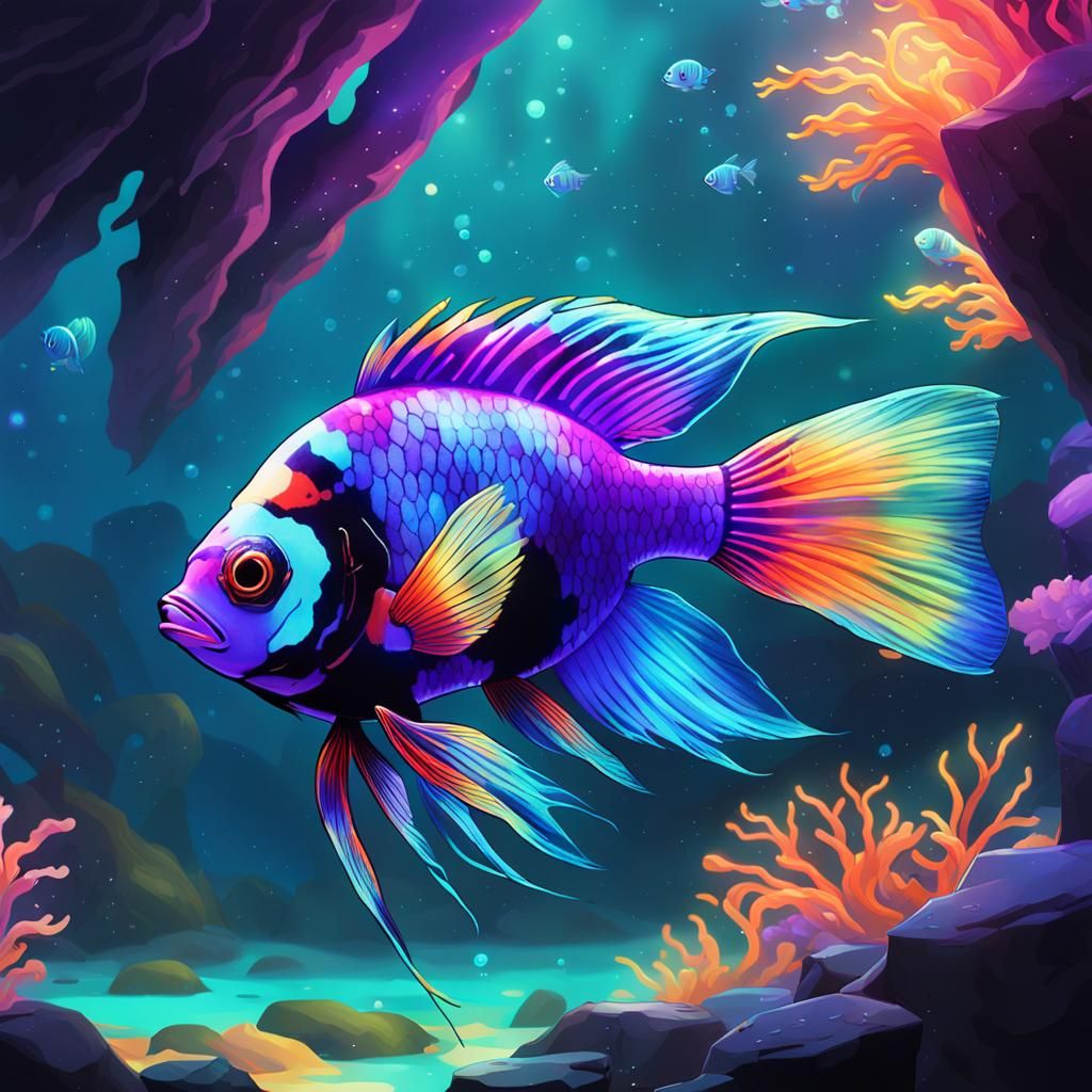 Neon glowing bioluminescent Multicolored Beta Male Fish, longest ...