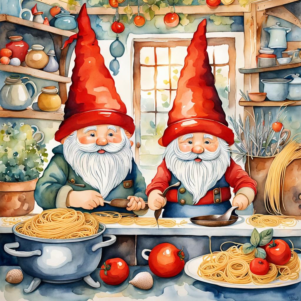 Gnomes cooking spaghetti - AI Generated Artwork - NightCafe Creator