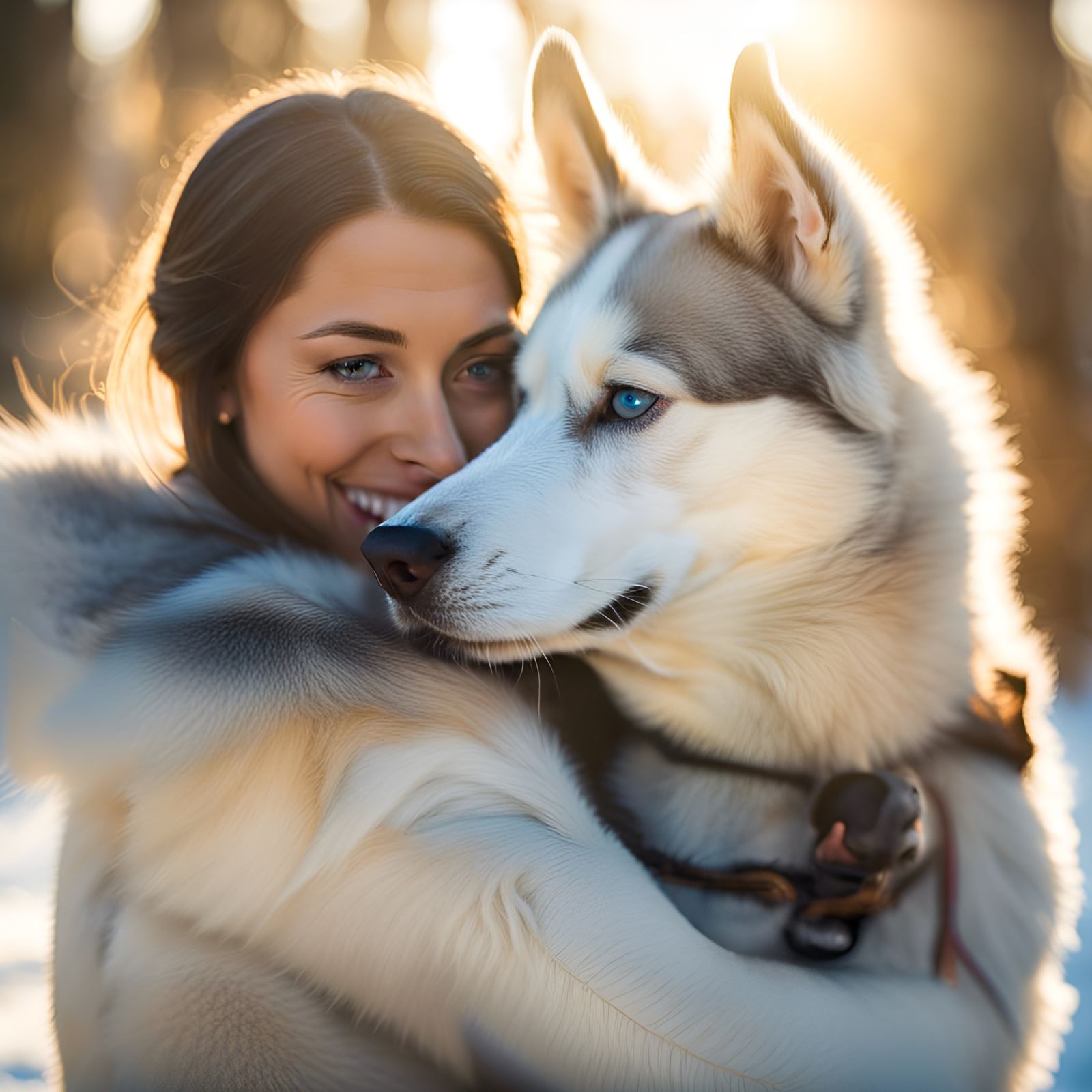 A playful Alaskan husky dog with bright blue eyes in a warm hug with ...