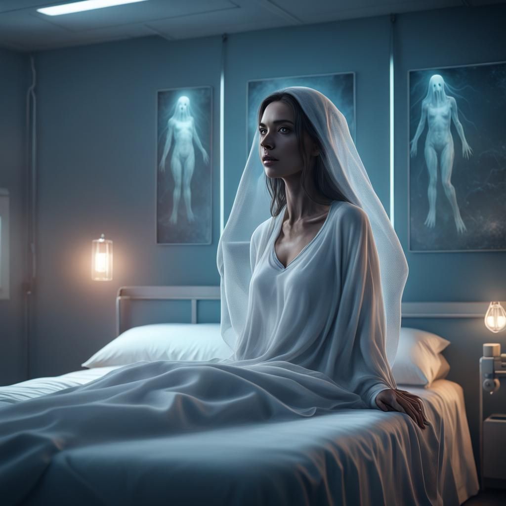 An attractive female ghost floating in the air, while looking down at ...