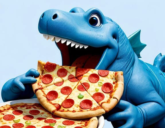Only blue dinosaurs eat pizza! 🦕 - AI Generated Artwork - NightCafe Creator