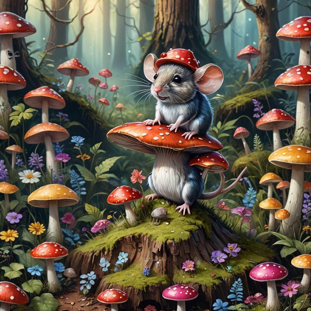 A cute mouse sitting on a colorful toadstool in a magical forest ...