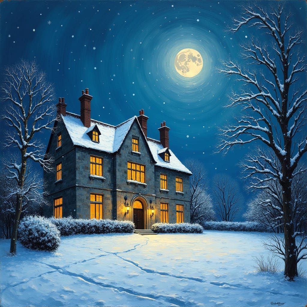 an English mansion house, a winter night scene, snow on the ground, in ...