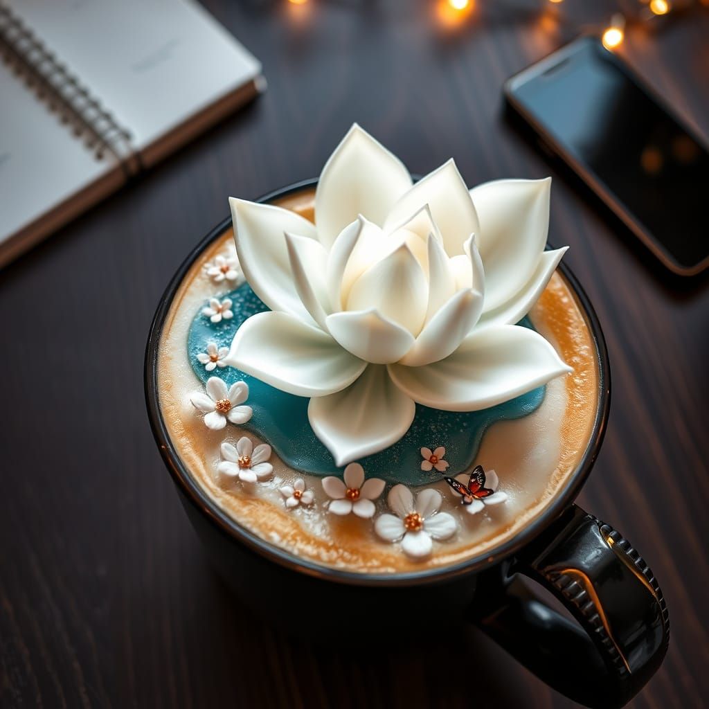 Lotus puff cream - Whimsical Latte Art Masterpiece with Lotu...