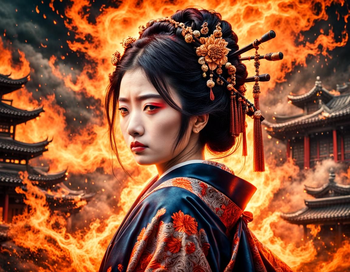 Intricate detailed picture of sad Geisha surrounded by raging flames ...