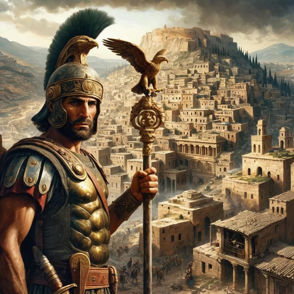 100 BC, Syria: Rome's army besieging a city on a hill. Foreground: A ...