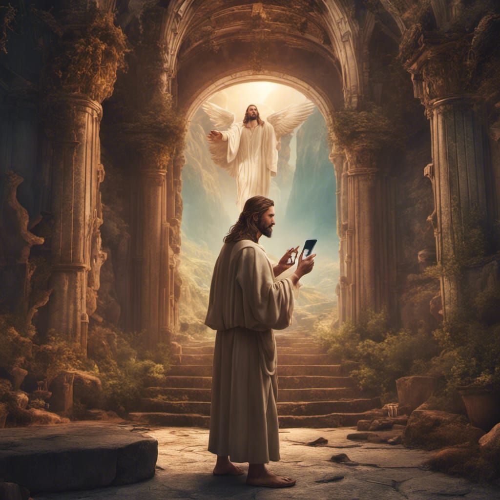 Jesus using a cell phone - AI Generated Artwork - NightCafe Creator
