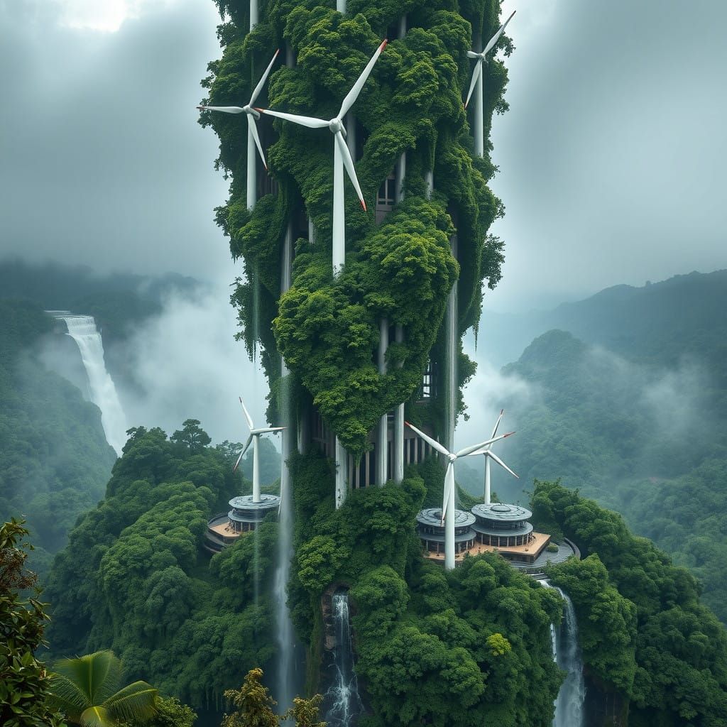 Vertical city tower covered in cascading greenery and waterfalls ...