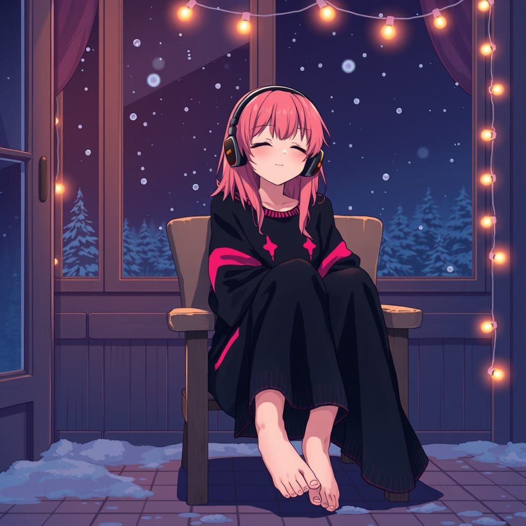 Cute Emo Girl Basks in Music, Ignores Snowy Winter... - AI Art
