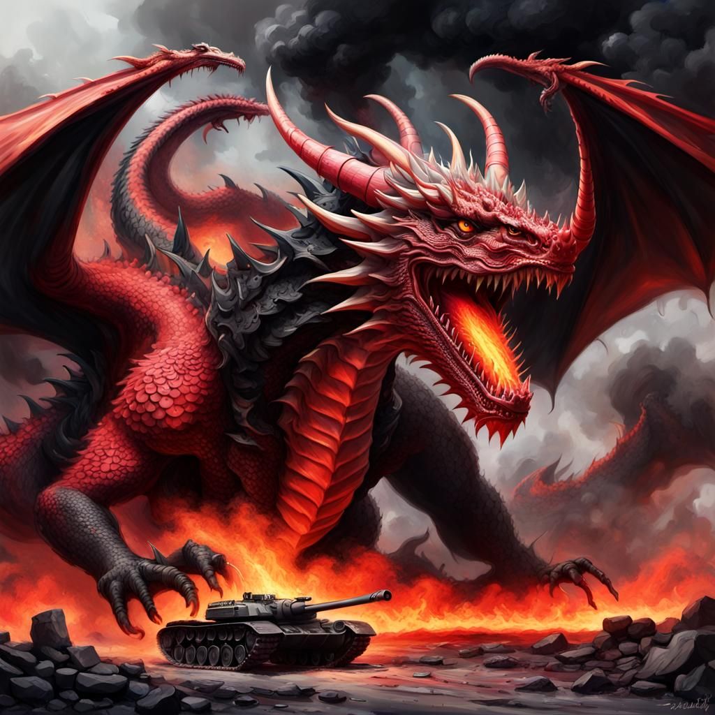 An extremely detailed matte photography of a colossal red and black ...