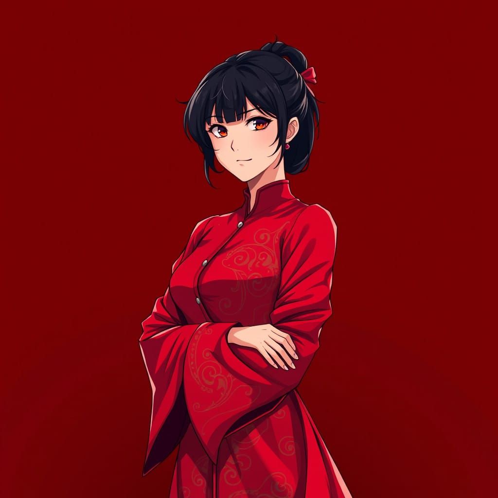 Elegant Lady in Vibrant Red, Anime-Style Digital P... - AI Art