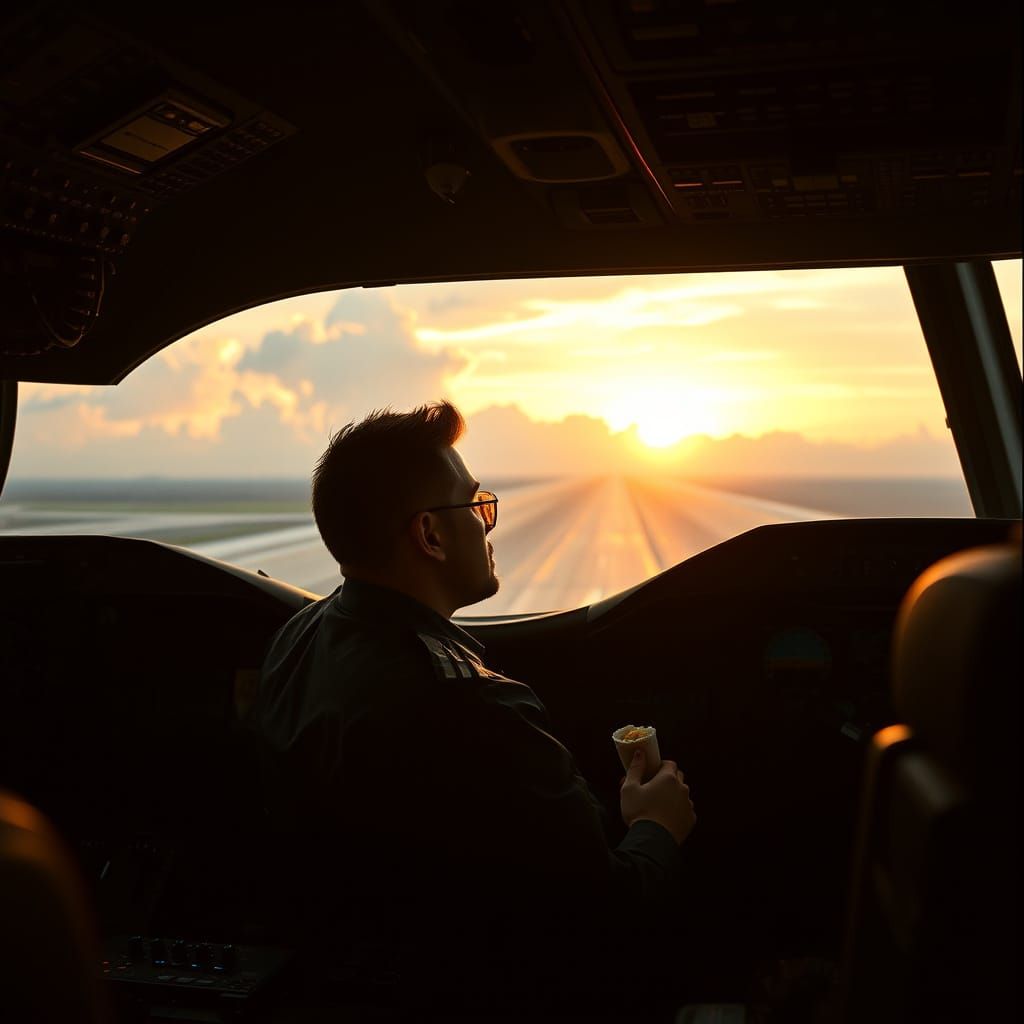 A cockpit with a view of the runway. In the cockpit a male pilot eating ...