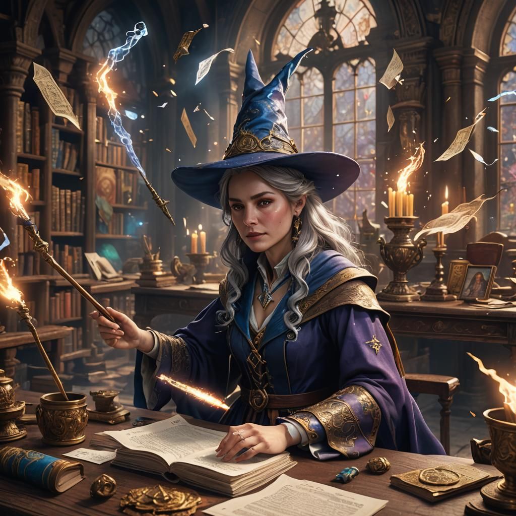 Loads on rolled notes on a desk with a beautiful lady wizard waving her ...