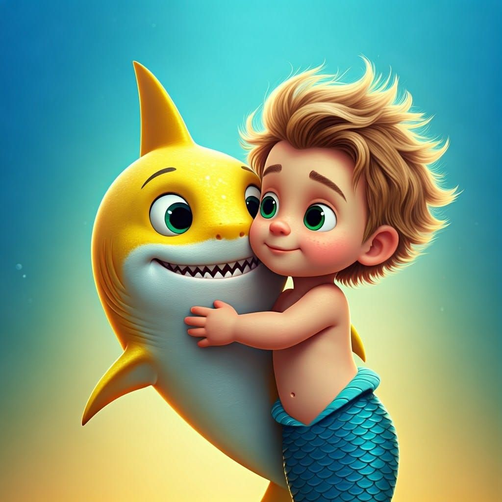 Bright Yellow Baby Shark Hugs Little Merboy in Vib... - AI Art