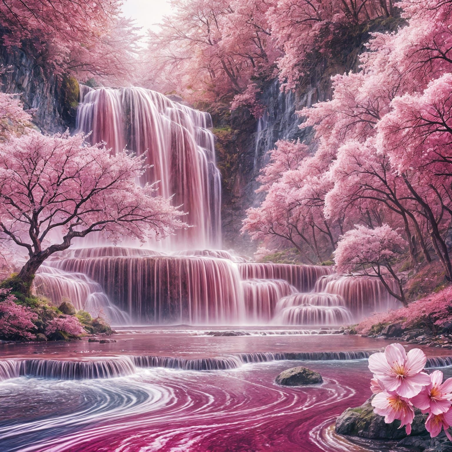A pink waterfall surrounded by pink sakura trees and make it look ...