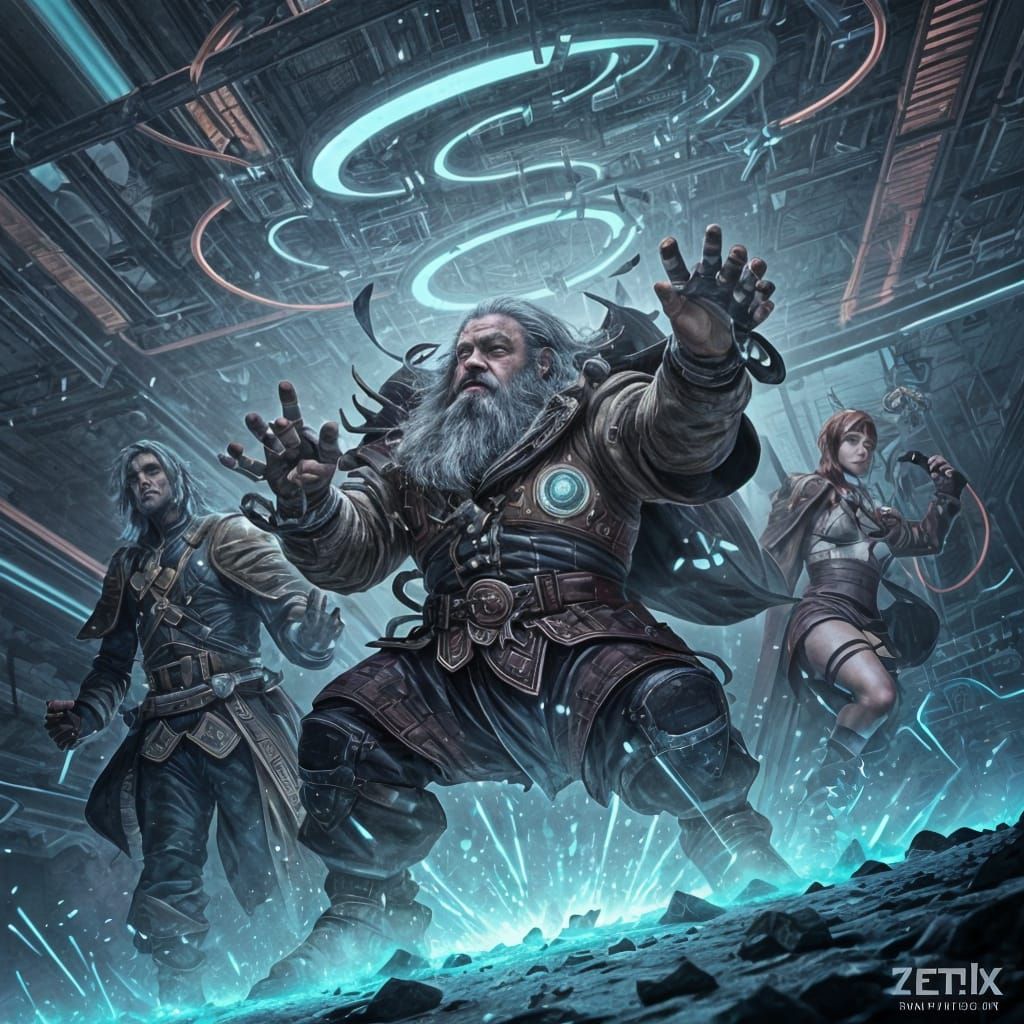 dwarf techno wizard fighting inside an office lobby