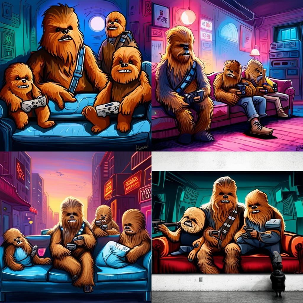 Chewbacca and 3 wookie friends sitting on a couch playing video games ...