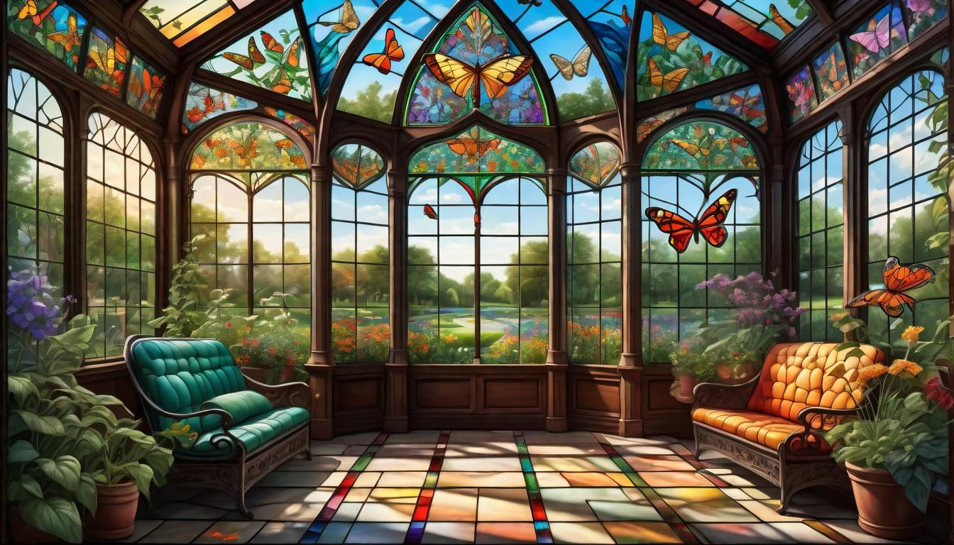 Solarium With Stained-Glass Windows of Garden With Butterflies And ...