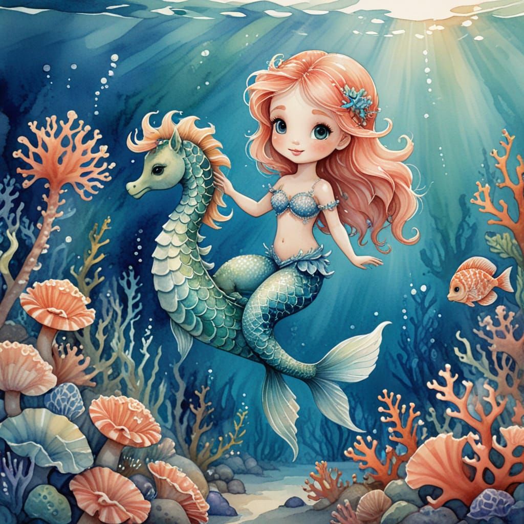 Chibi Mermaid on a Seahorse in a Coral Reef - AI Art