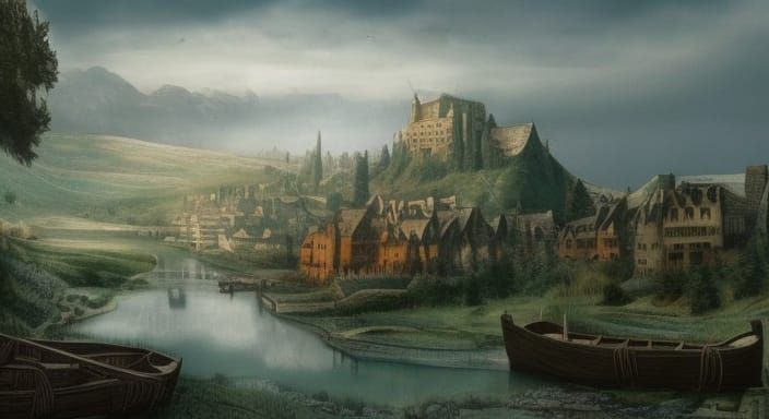 beautiful map of medieval town and surrounding wilderness; Tolkien ...