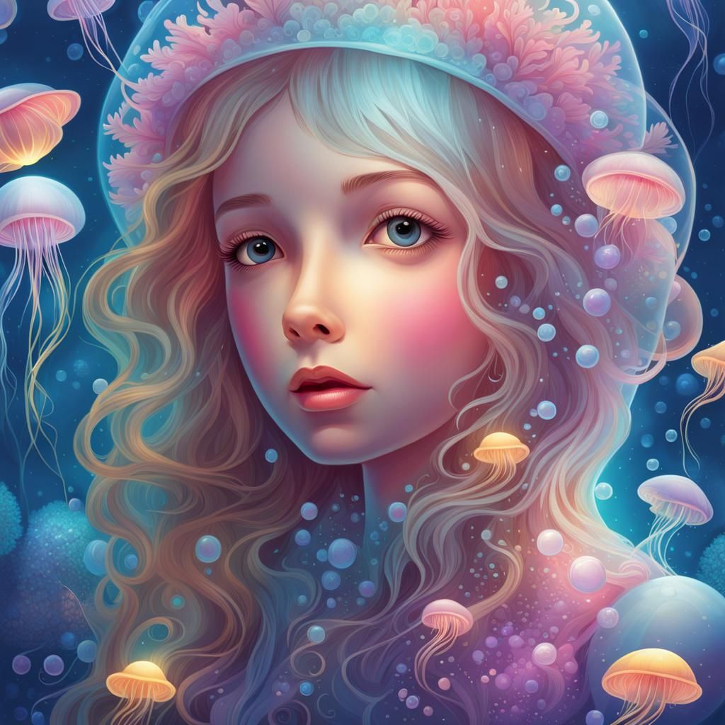 an adorable bioluminescent jellyfish angel creature under the surface ...