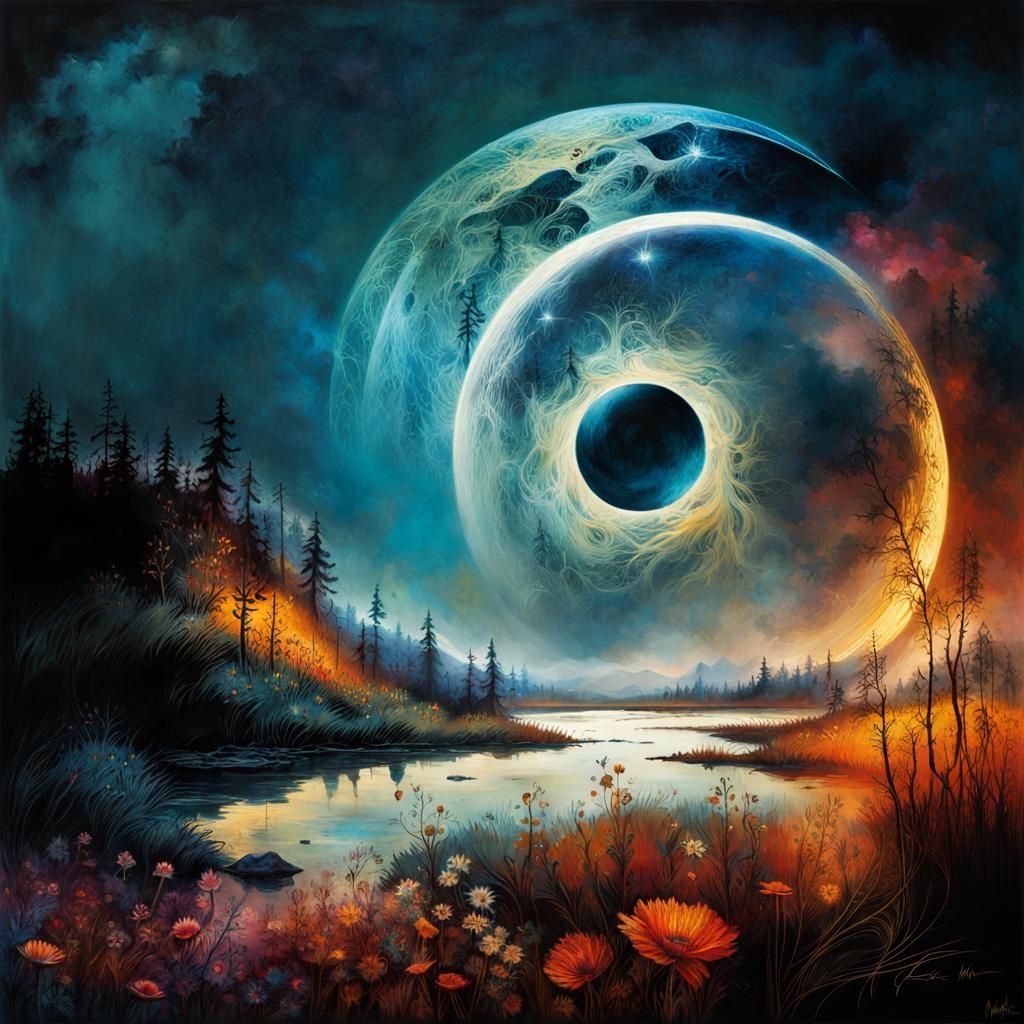 A stunning landscape, double exposure, mythological, dark eclipse, celestial dramatic event ...