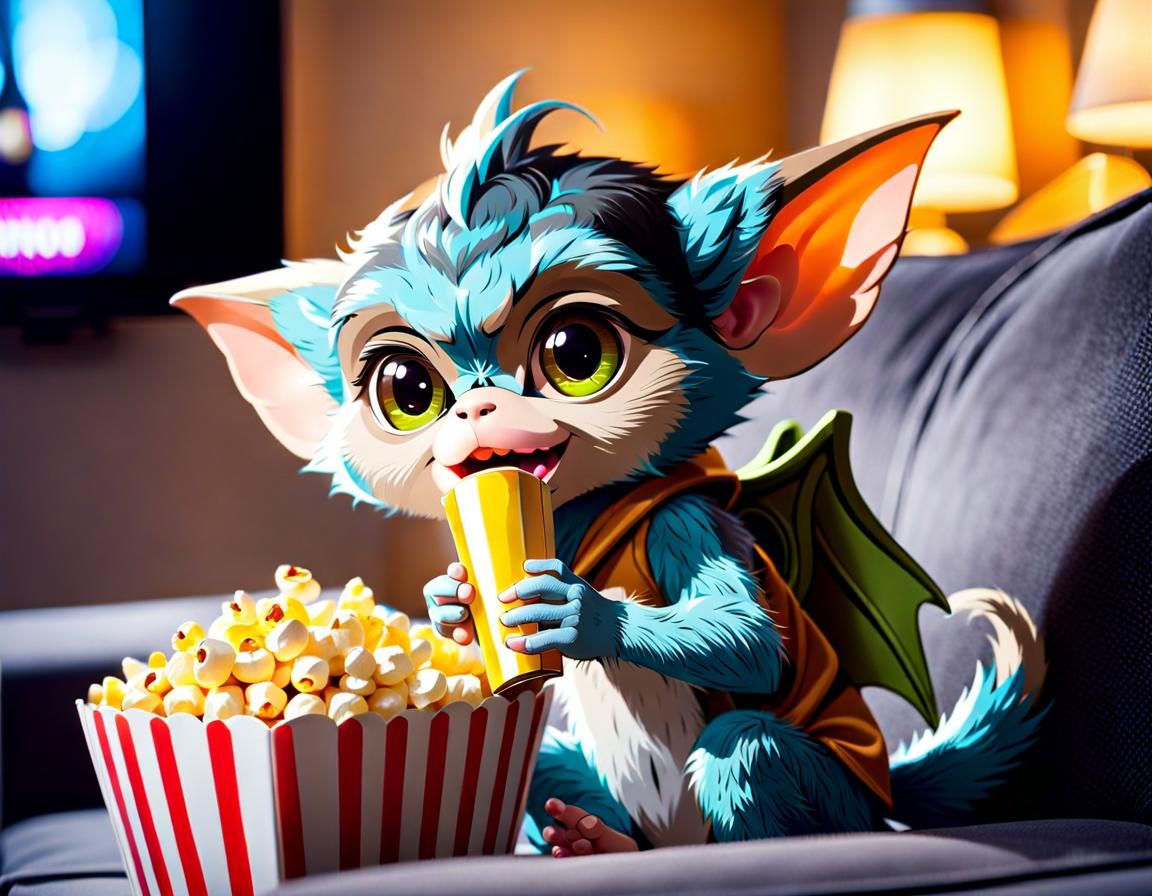 Lovely Gremlin is sitting at the couch, eating pop corns and watching the TV, Professional ...