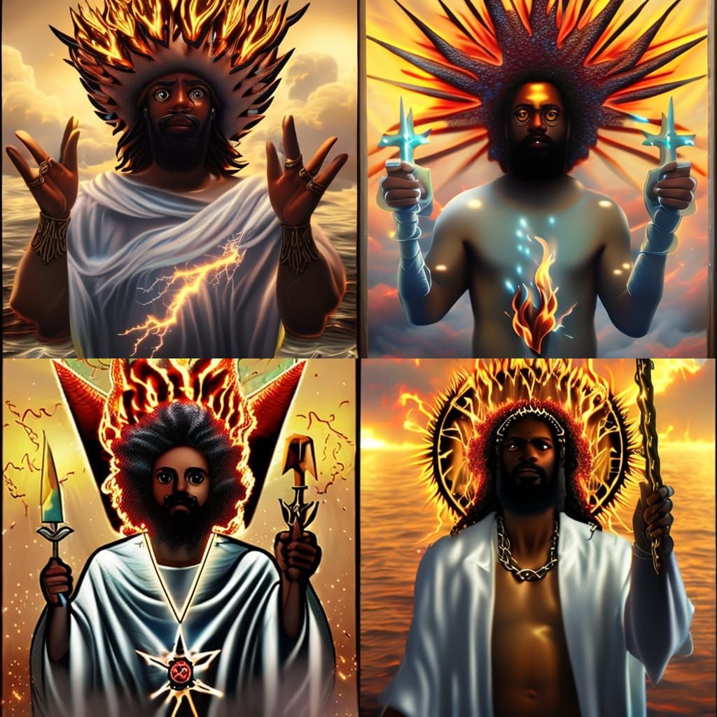 Black Jesus wearing a flaming crown, platinum chain, holding a sceptre ...