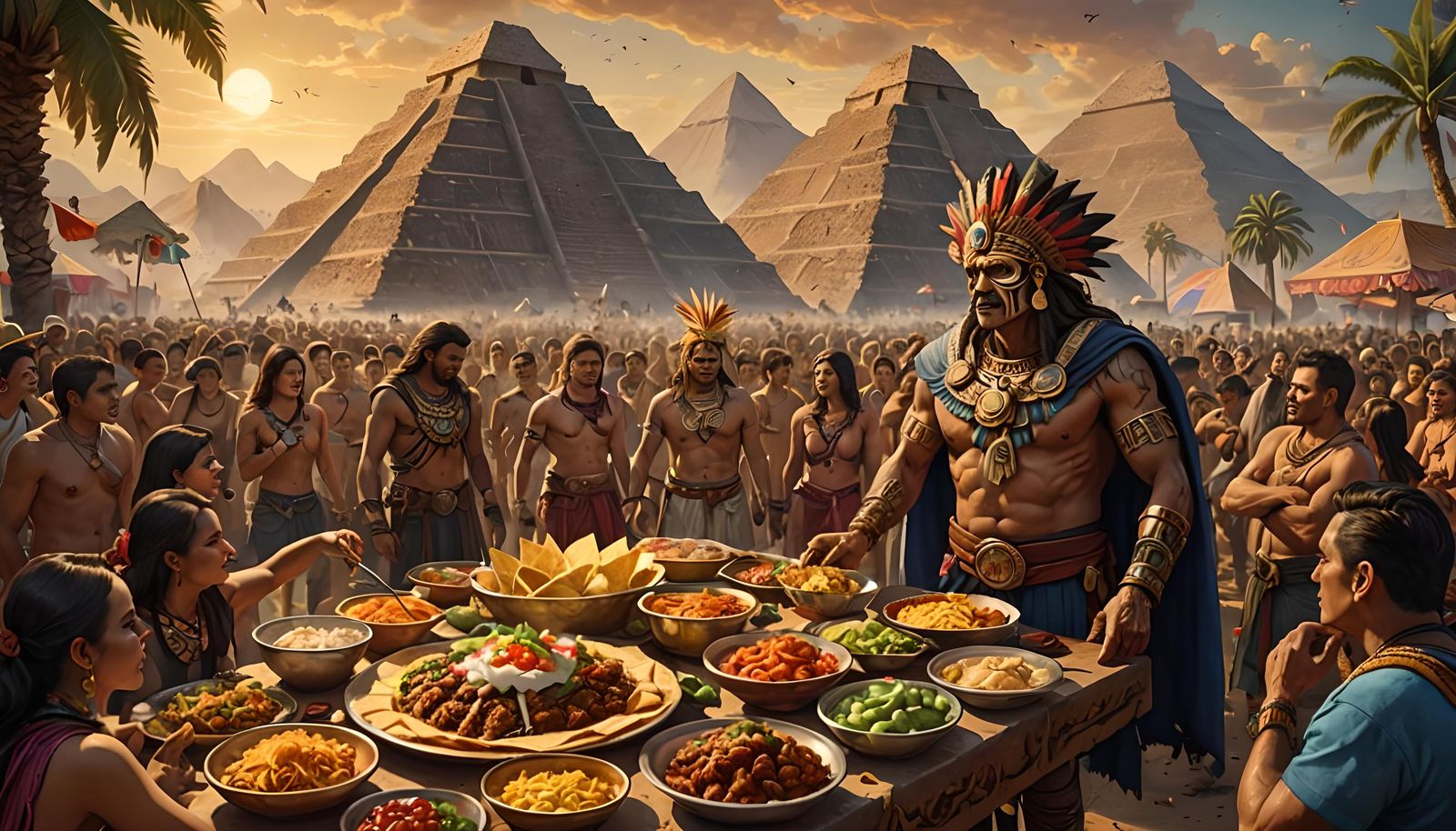 Anachronistic scene where people offer Mexican food to the king of ...