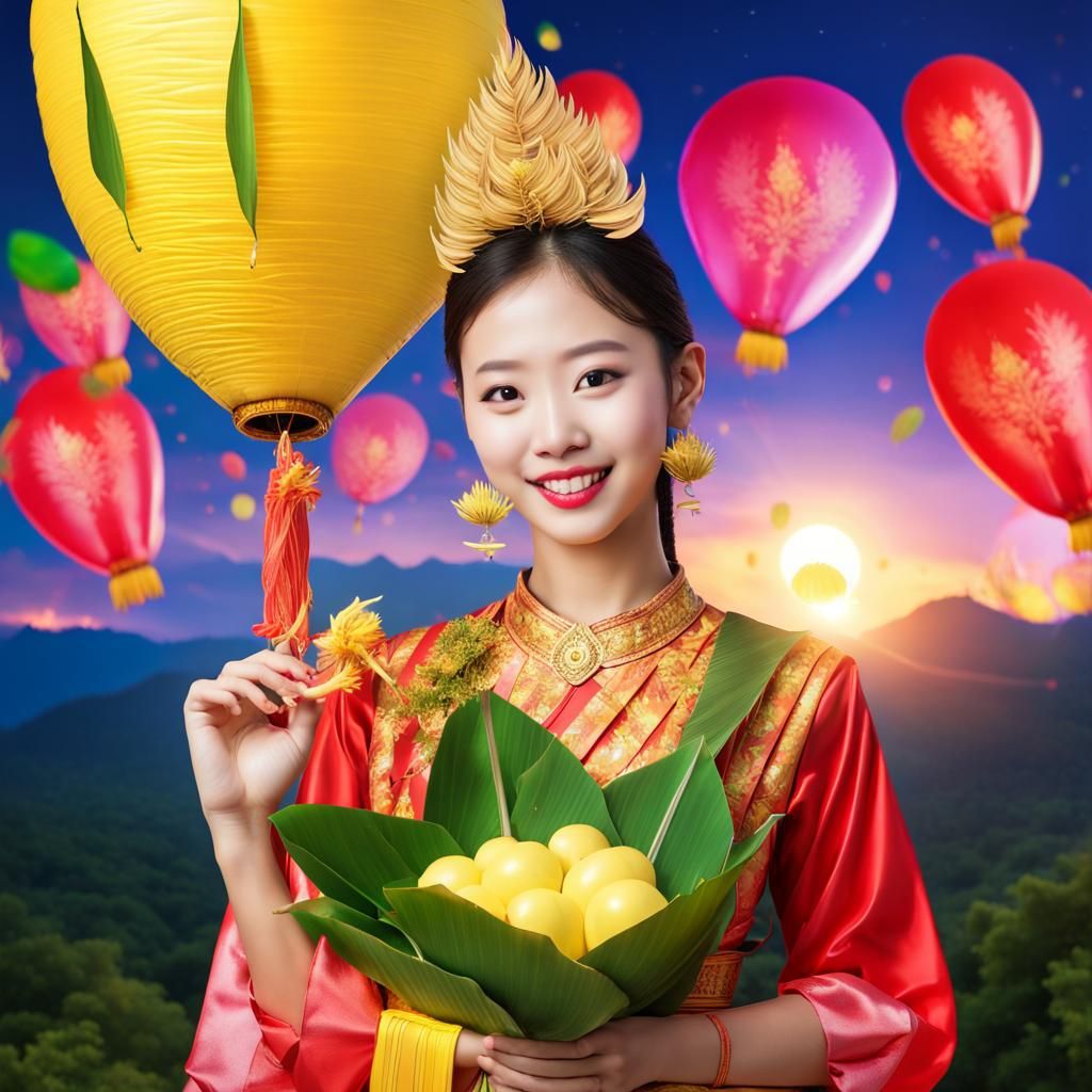 Loy Krathong Festival, beautiful girl Lisa K-Pop wearing a Thai costume ...