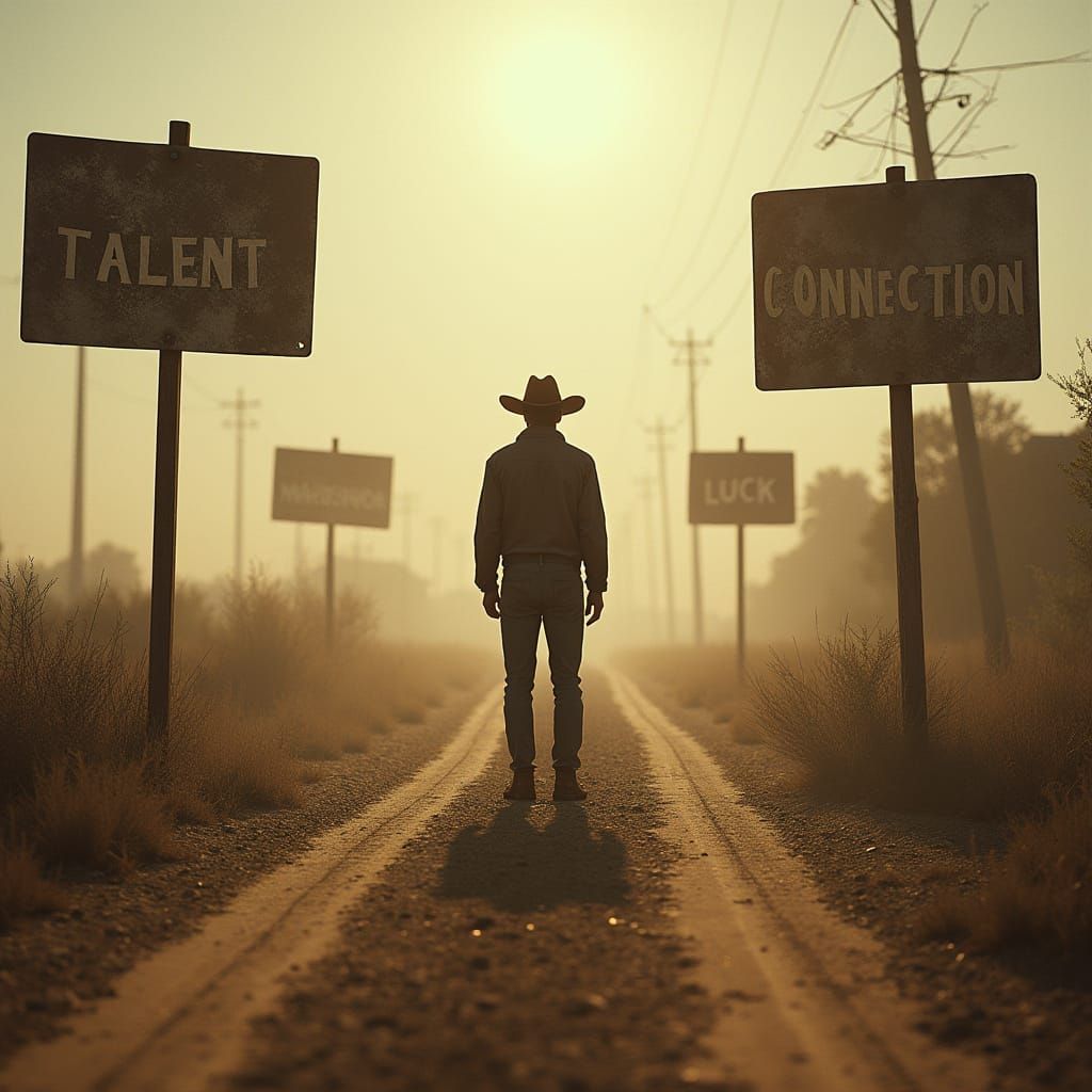 Figure Contemplates Path at Rustic Crossroads in C... - AI Art