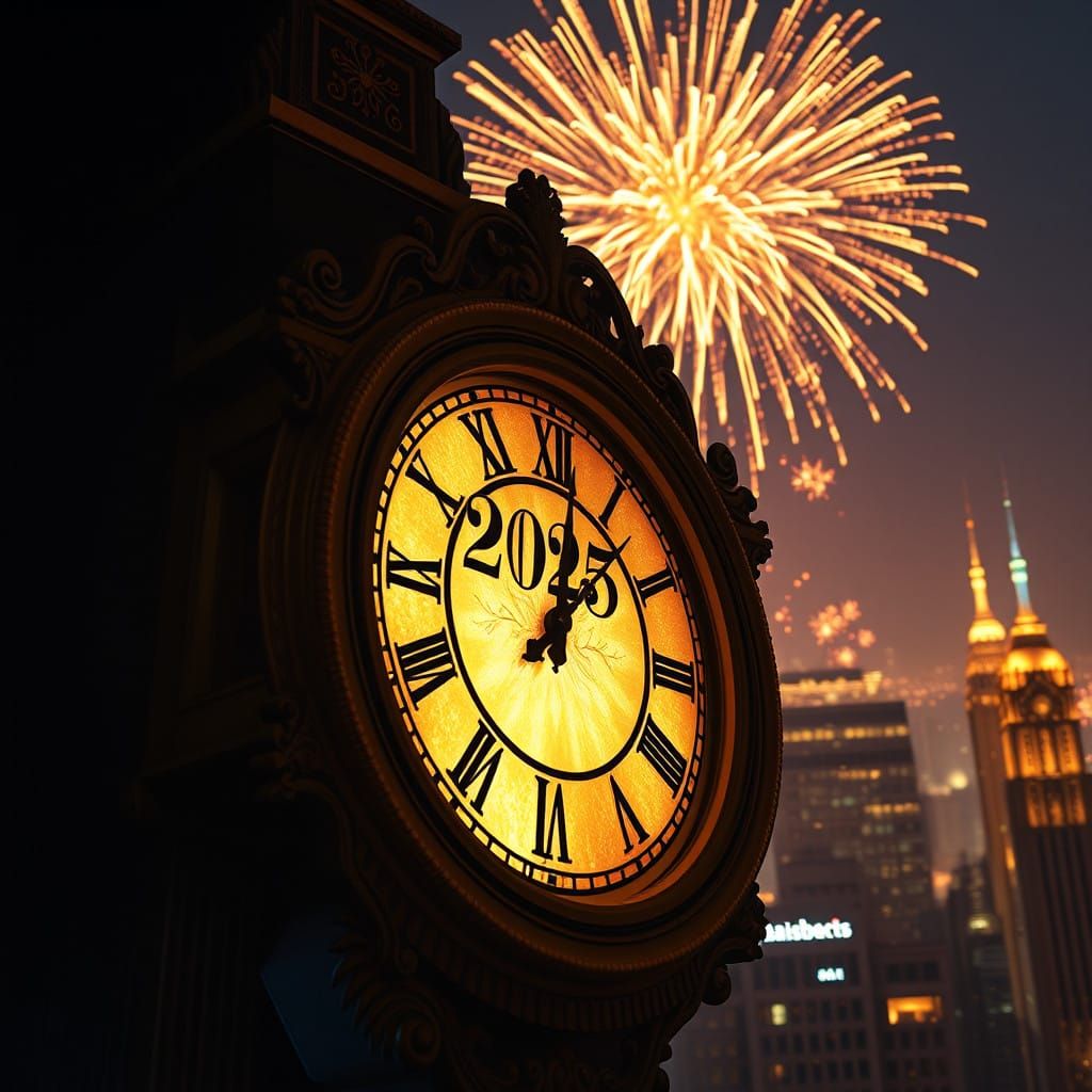 Epic Clock Strikes Midnight Amidst Vibrant Citysca... - AI Art