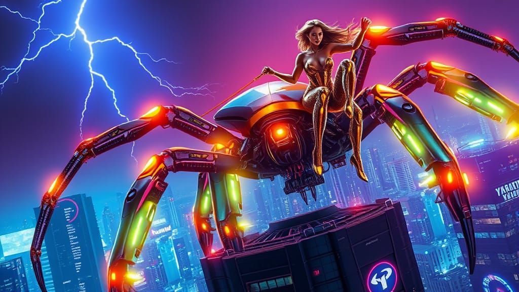 Bionic Spider - Cyberpunk Spider Ascends Neon Skyscraper