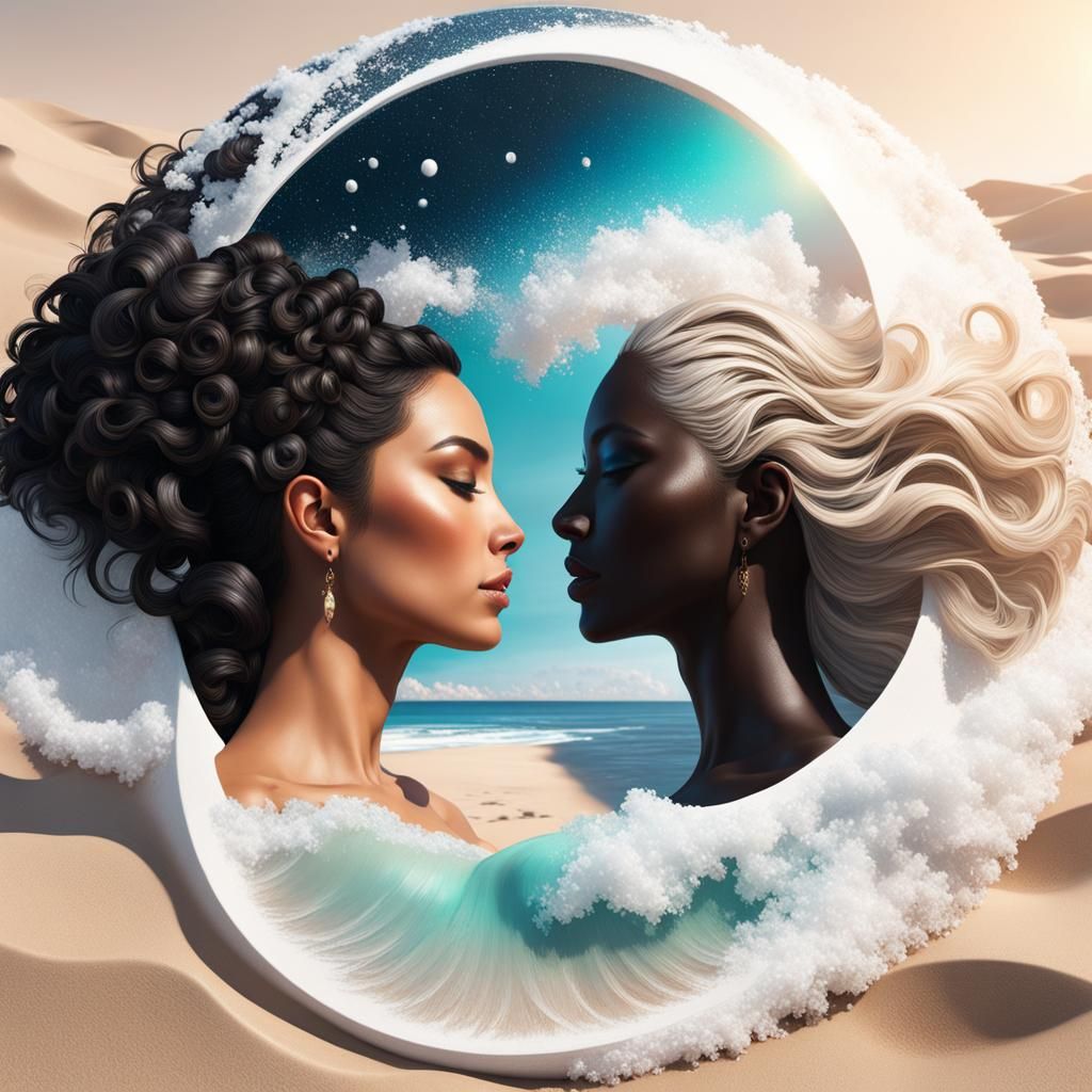 Yin and Yang!! with a scene of A beach with beautiful women. beautiful ...