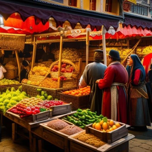 market in the Middle Ages with peasants, knights, lords, among the ...