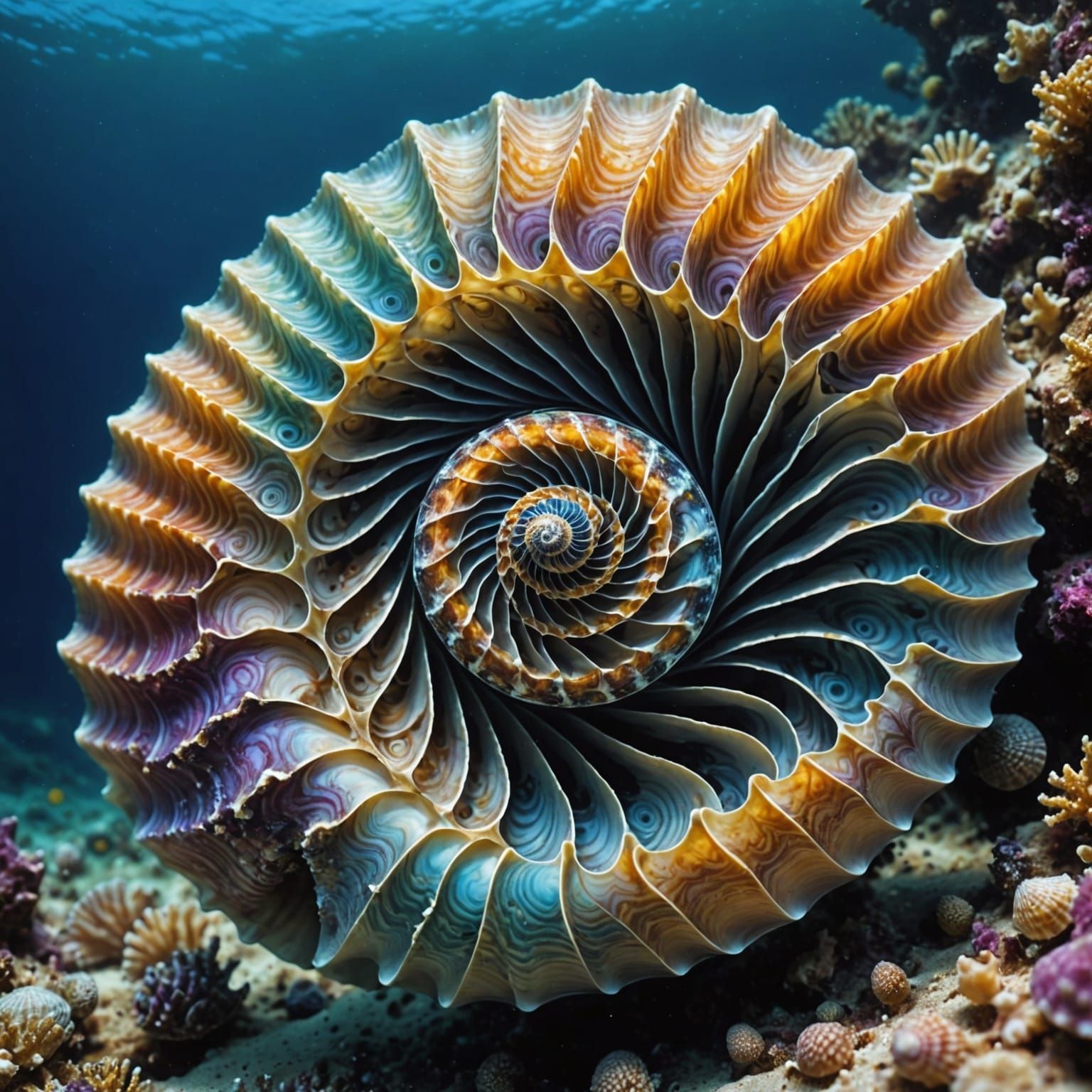 A fractal colorful sea shell at the bottom of the ocean