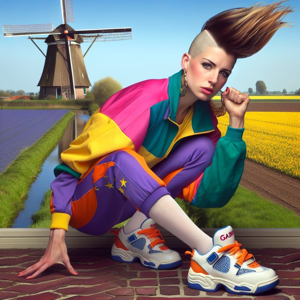 Gabber girl wearing 1990s colored track suit and Nike sport shoes ...