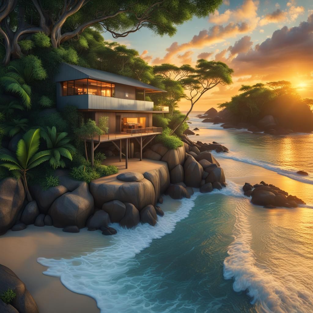 secret hidden beach cove on an island, Brazilian rainforest terrain ...