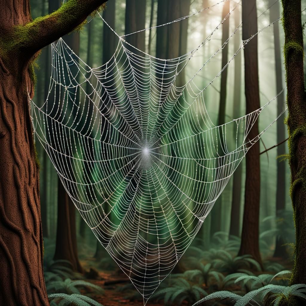 HYPERDETAILED GIGANTIC SPARKLY INTRICATE SPIDER WEB STRETCHED FROM TREE ...