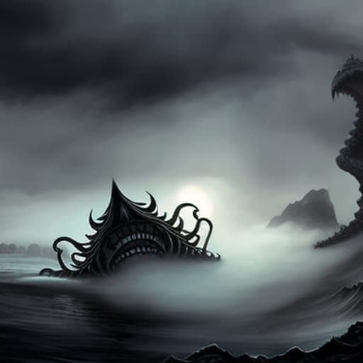 sea monster, jaws and tentacles, rising violently from opaque fog ...