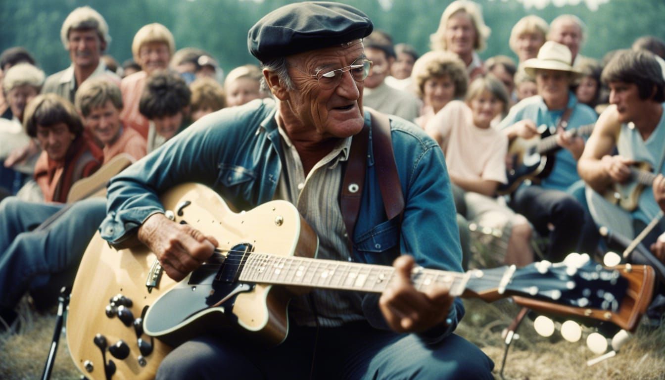photograph: John Wayne plays lead guitar in a rock band at woodstock ...