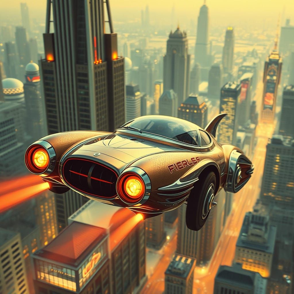 Past Future Classic - Retro Futuristic Flying Car Over Class...