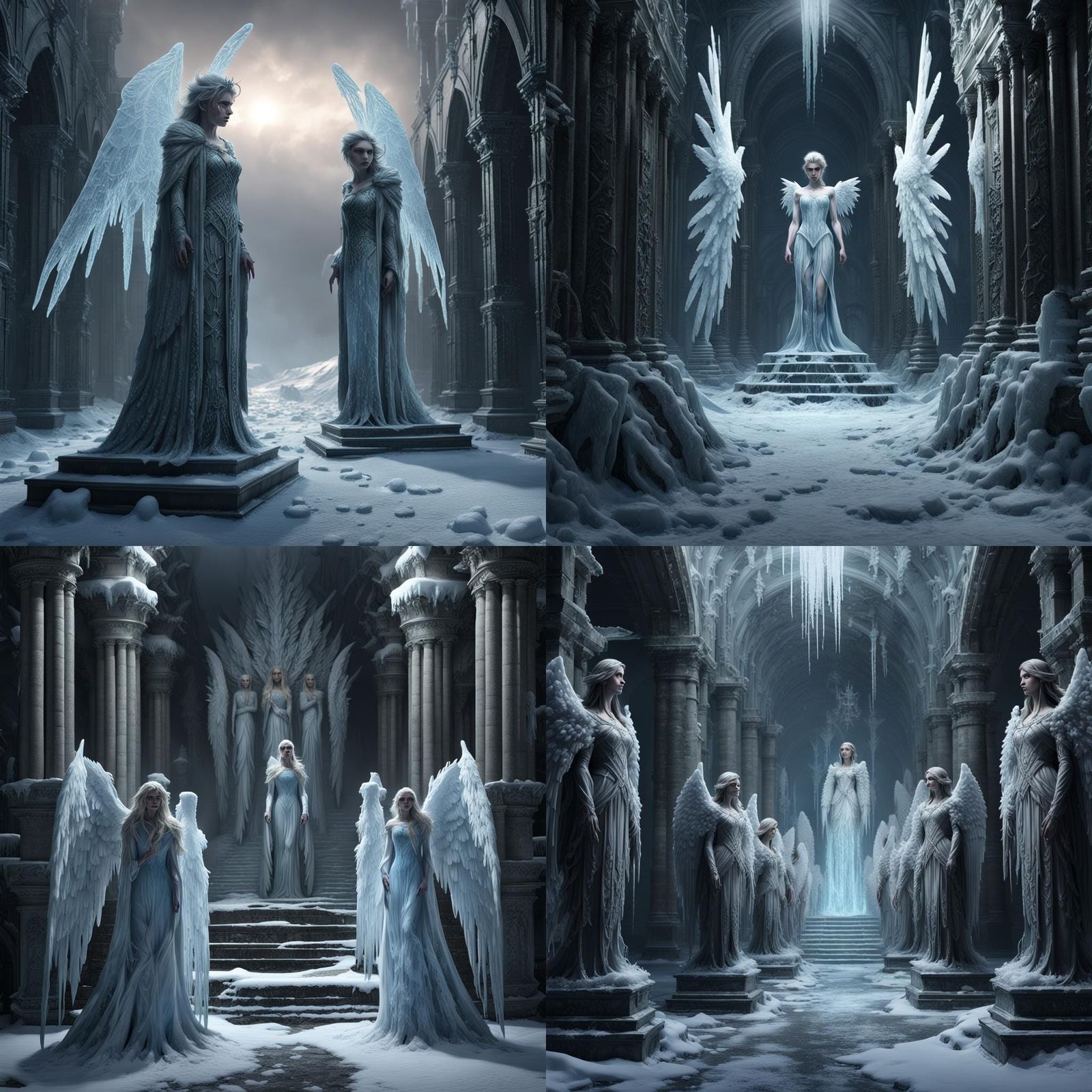 abbanded ruine, sculptures of frozen ice angels looking at you ...