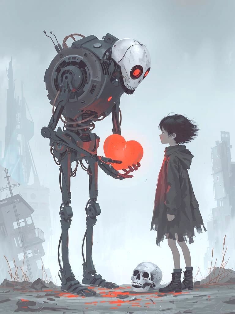 a post-apocalyptic romantic scene between a humanoid robot and a little ...