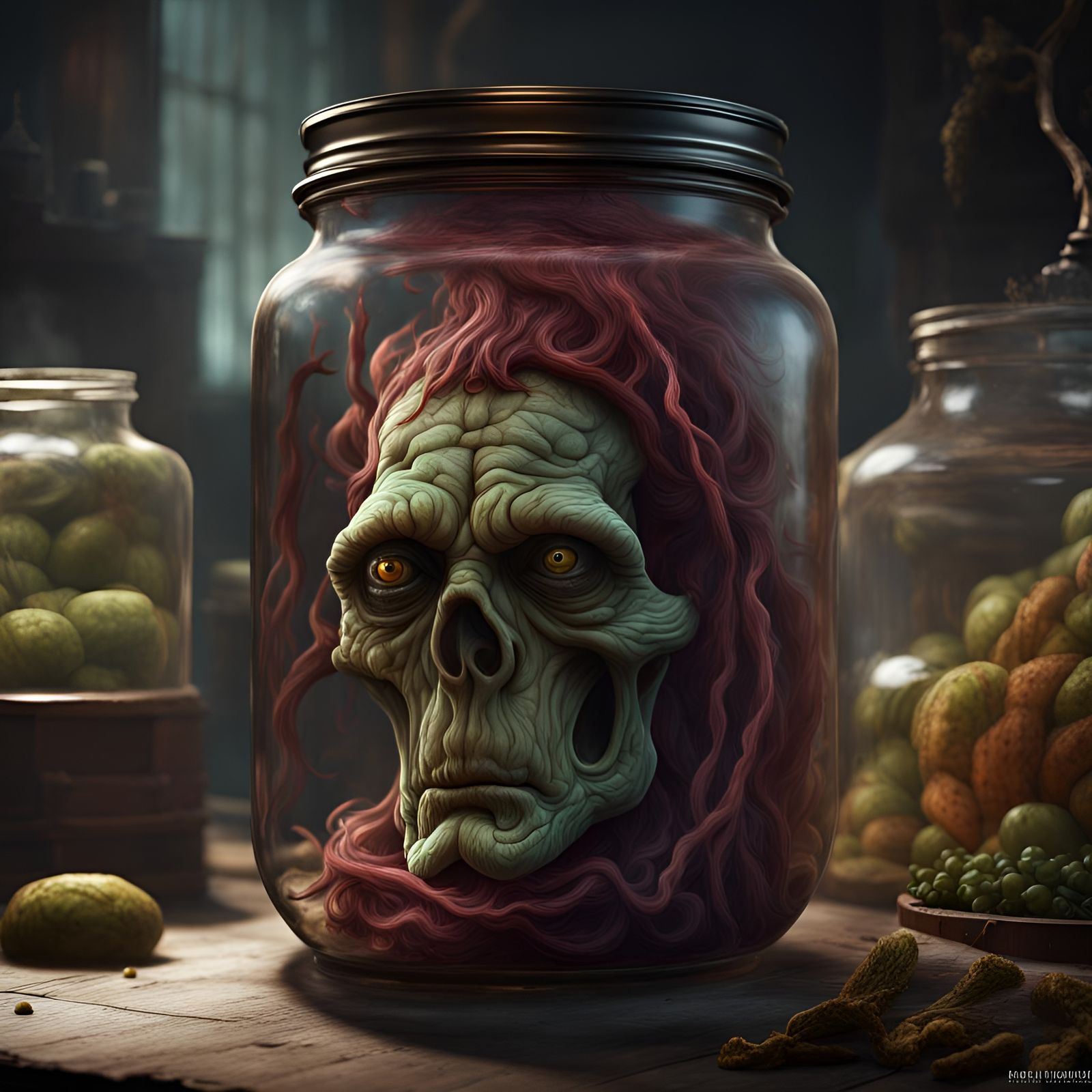 Pickled hag's head in a jar - AI Generated Artwork - NightCafe Creator