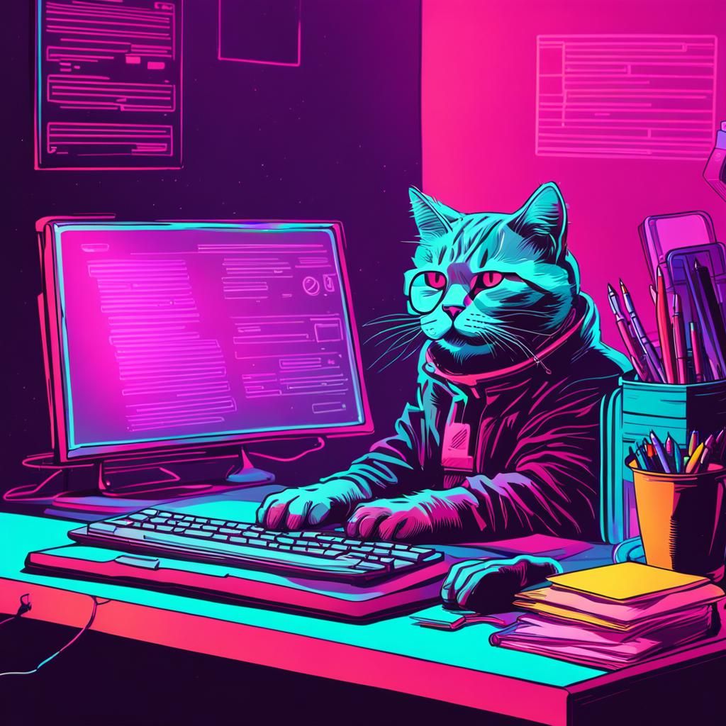 Cat typing on a computer with a bunch of papers, folders and pens on it ...